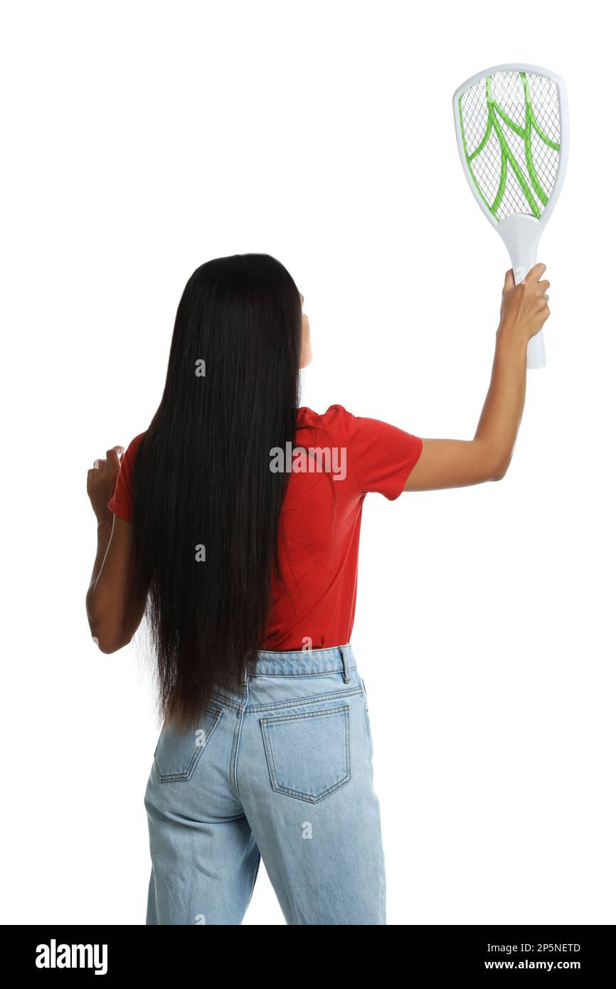 Young woman with electric fly swatter on white background, back view ...
