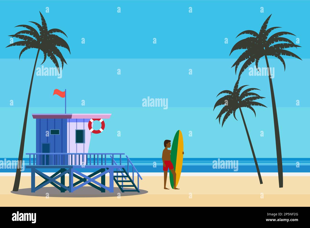 Lifeguard Tower on the beach palms, surfer, coast ocean, sea. Summer ...