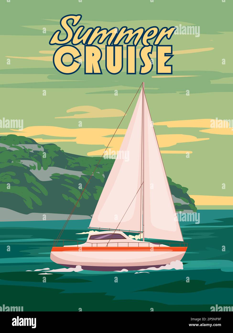 Poster Summer Cruise Sailboat retro, sailing yacht on the ocean, sea ...