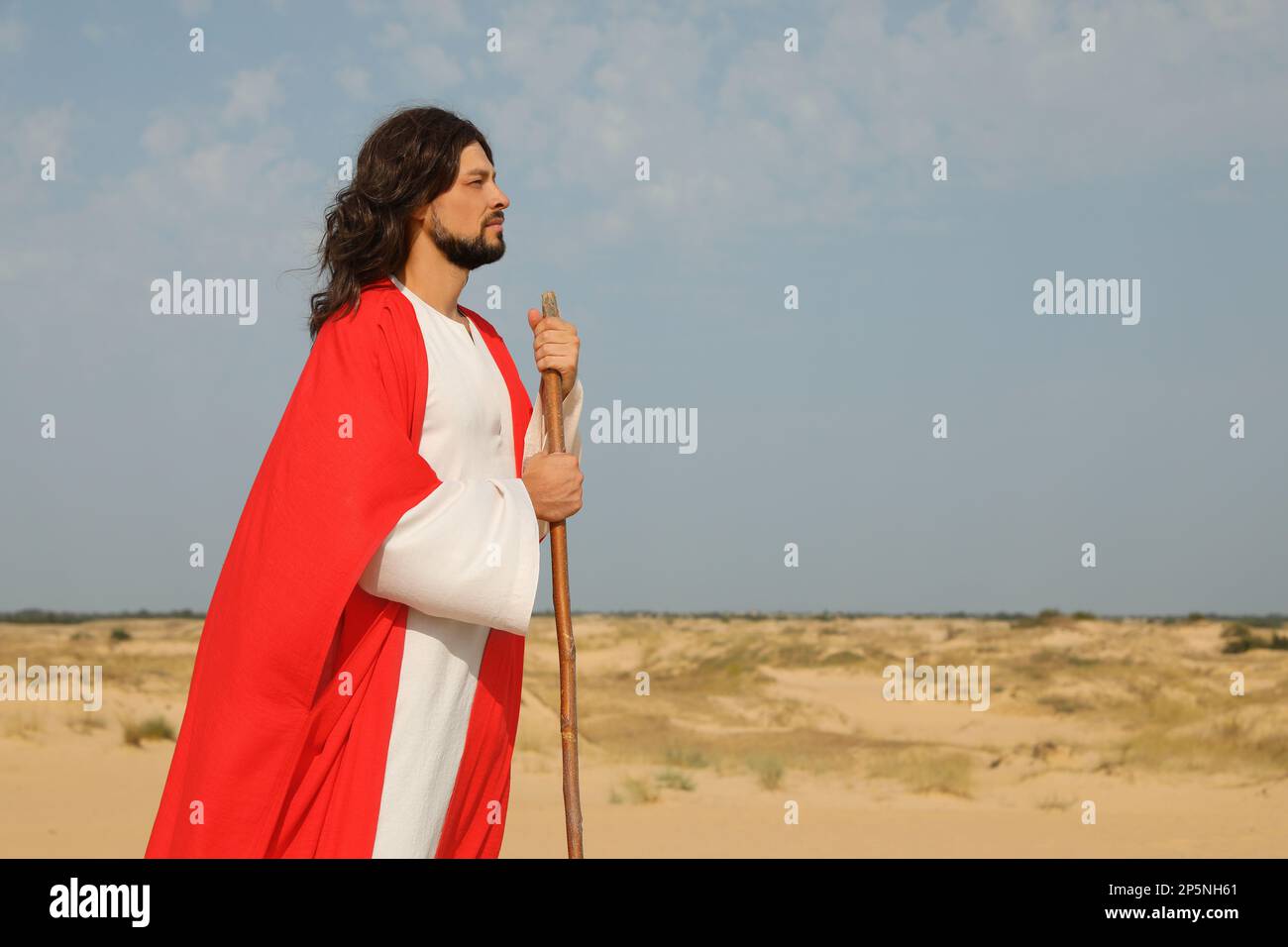Jesus Christ walking with stick in desert. Space for text Stock Photo ...