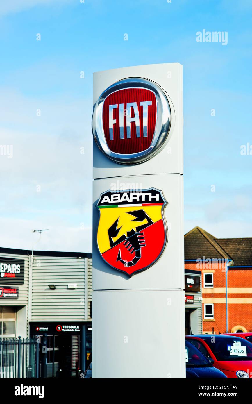 Fiat and Abarth Dealer Sign, Stockton on Tees, Cleveland, England Stock ...