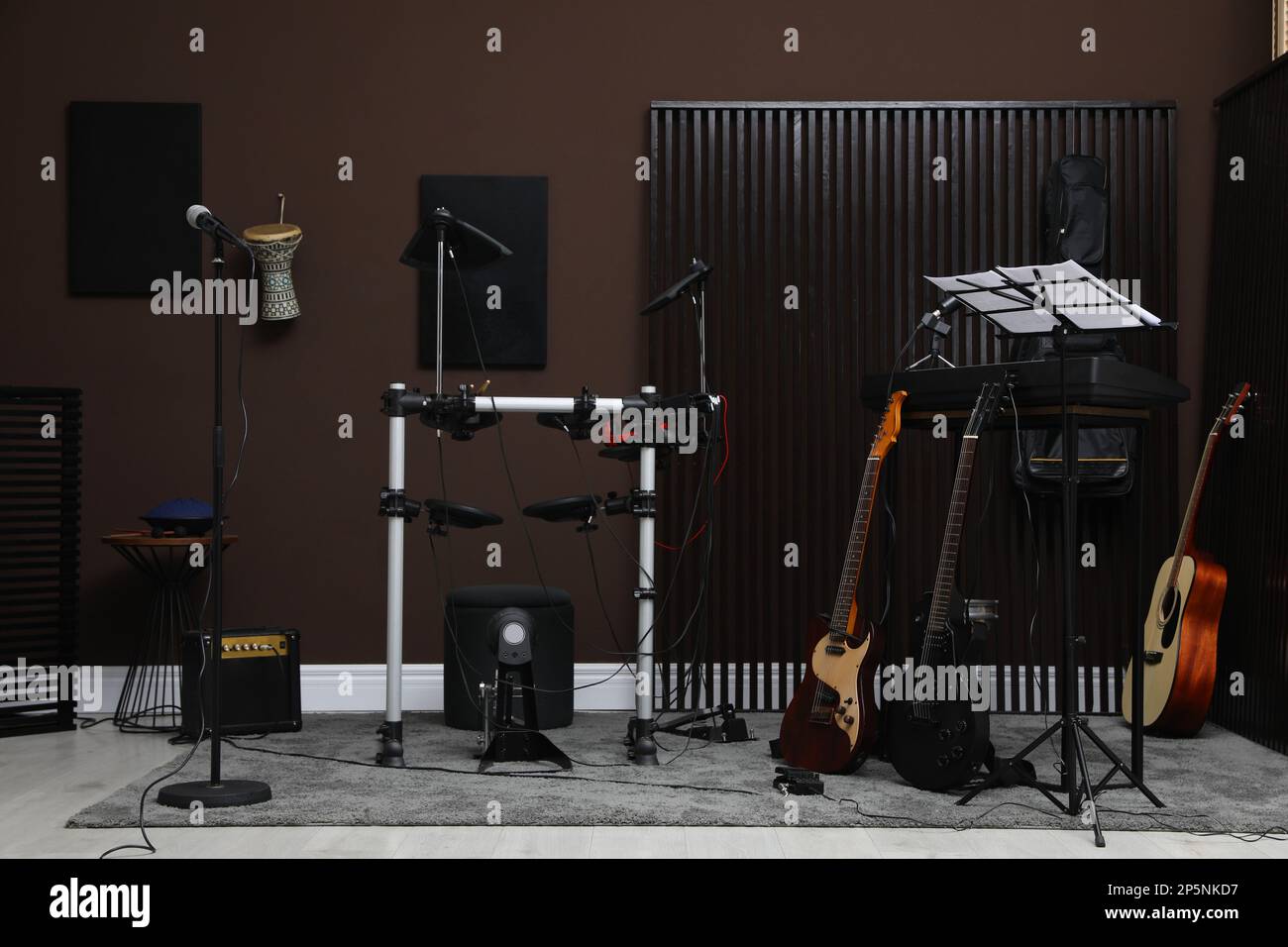 Musical instruments at recording studio. Band practice Stock Photo - Alamy