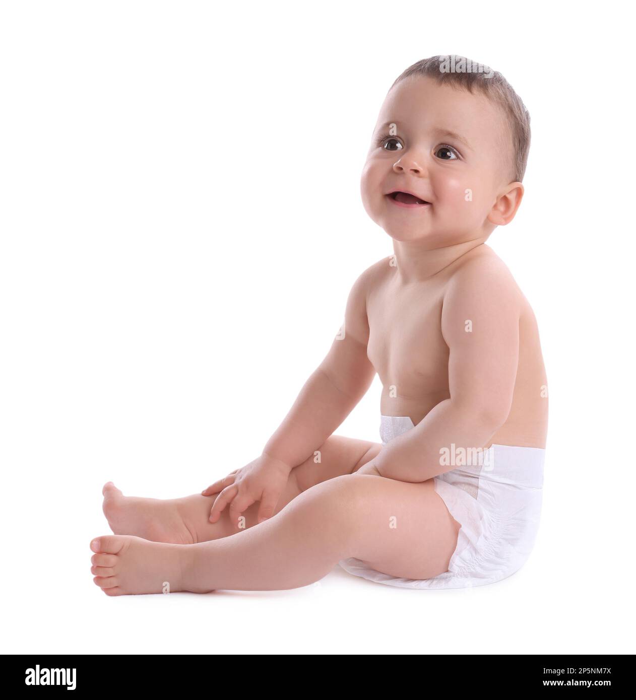 Cute baby in dry soft diaper sitting isolated on white Stock Photo - Alamy