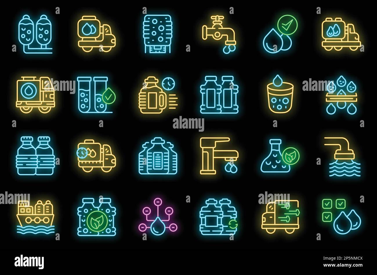 Water Carrier Icons Set Outline Vector Drink Tank Pipe Truck Neon