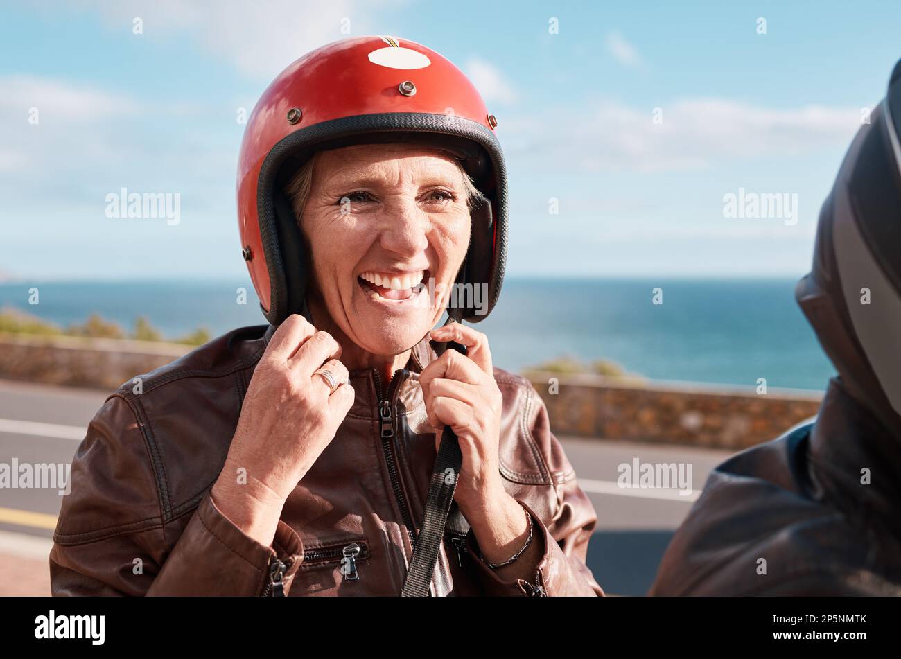 Summer, senior woman and helmet on road, happiness and quality time on ...
