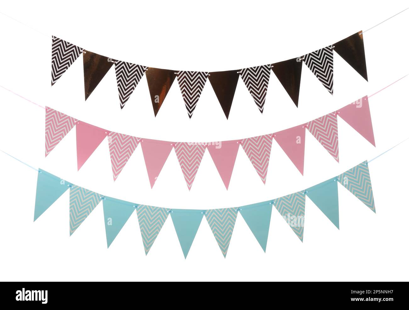 Buntings with colorful triangular paper flags on white background ...