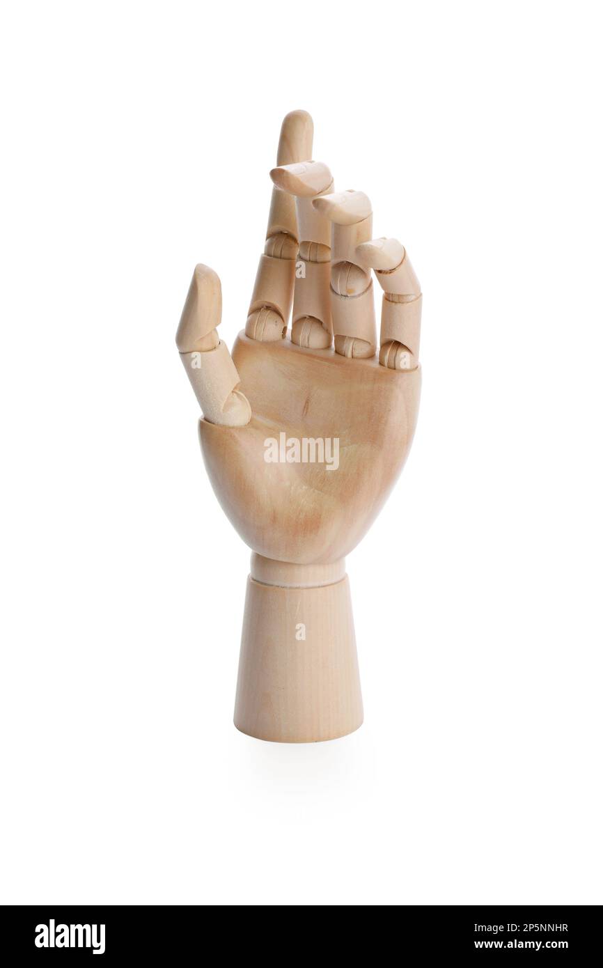 Wooden hand model on white background. Mannequin part Stock Photo - Alamy