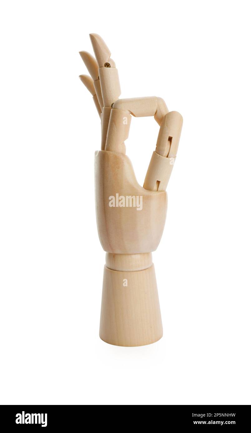 Wooden mannequin hand showing okay gesture on white background Stock ...
