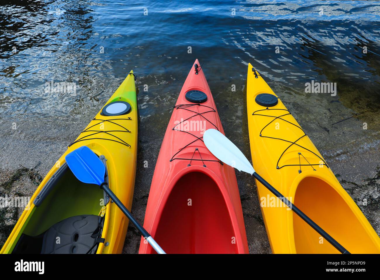 Modern kayaks with paddles on beach near river, above view. Summer camp ...