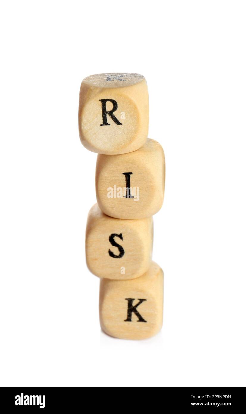 Stack of wooden cubes with word Risk isolated on white Stock Photo - Alamy
