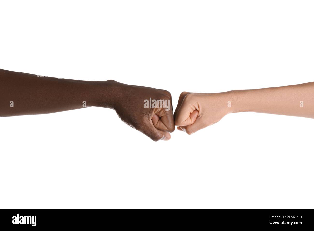 Woman and African American man making fist bump on white background ...