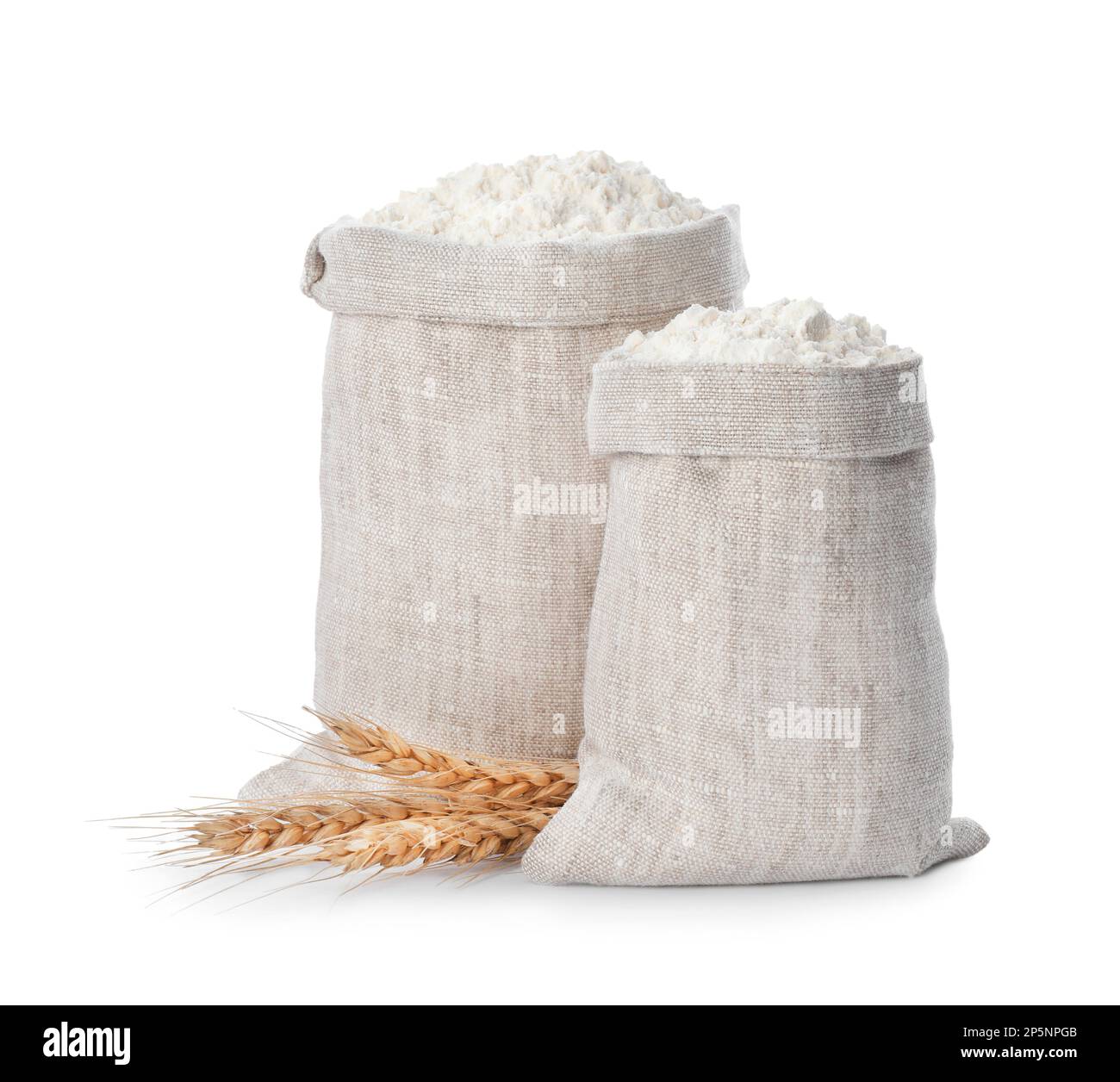 Sacks with flour and wheat spikes on white background Stock Photo - Alamy
