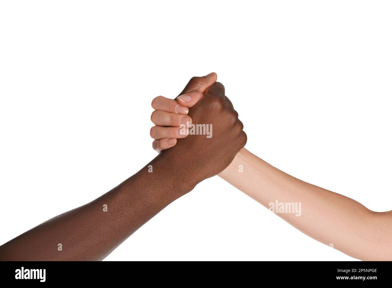 Woman and African American man clasping hands on white background ...