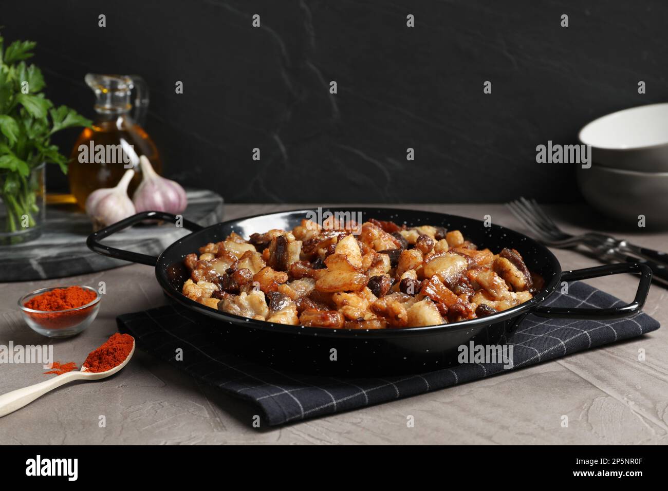 Tasty fried cracklings on grey table. Cooked pork lard Stock Photo - Alamy