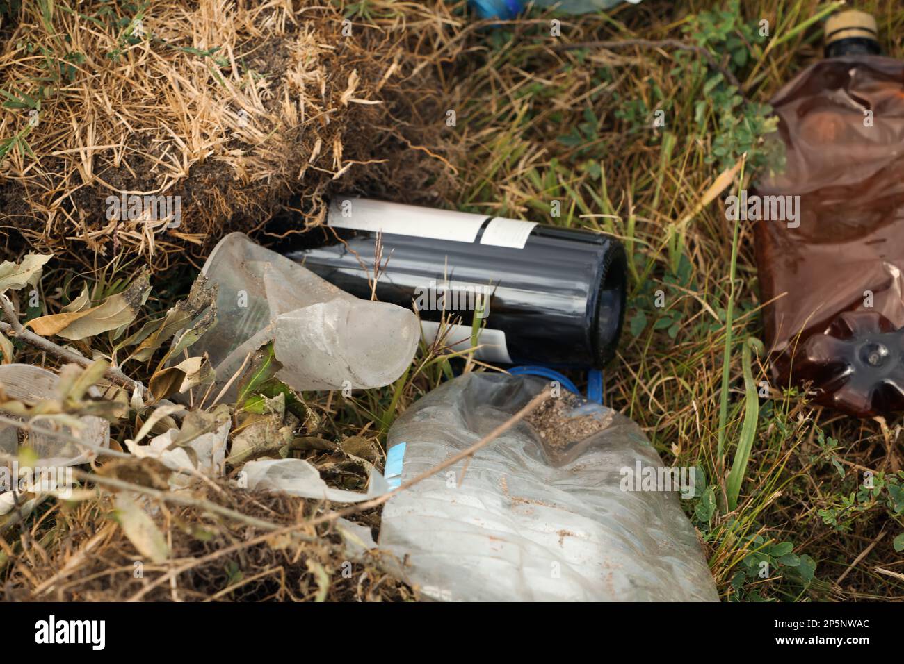 Garbage scattered on grass. Environment pollution problem Stock Photo ...
