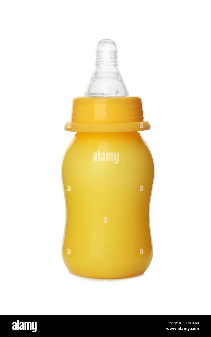 Feeding bottle with infant formula on white background. Baby milk Stock ...