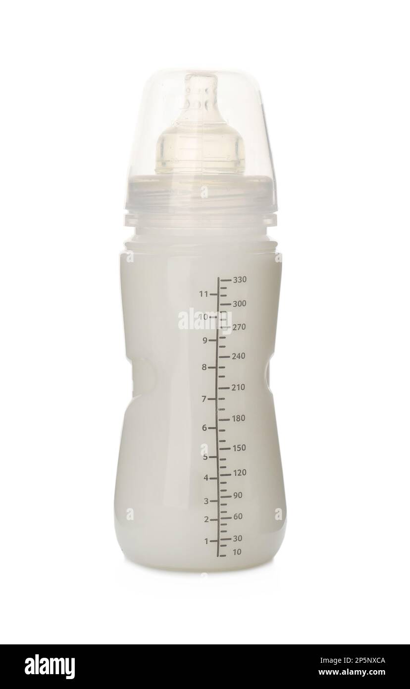 Feeding bottle with infant formula on white background. Baby milk Stock ...
