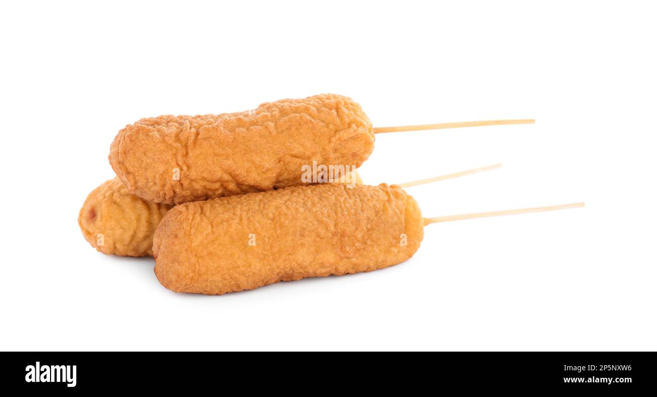 Delicious deep fried corn dogs isolated on white Stock Photo - Alamy