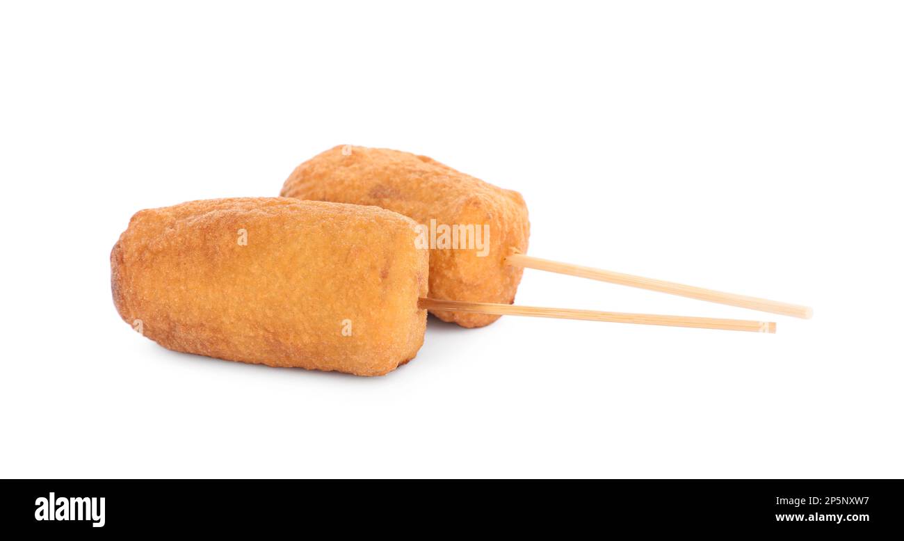 Delicious deep fried corn dogs isolated on white Stock Photo - Alamy