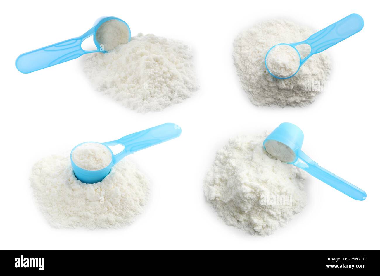 Set with powdered infant formula and scoops on white background. Baby ...