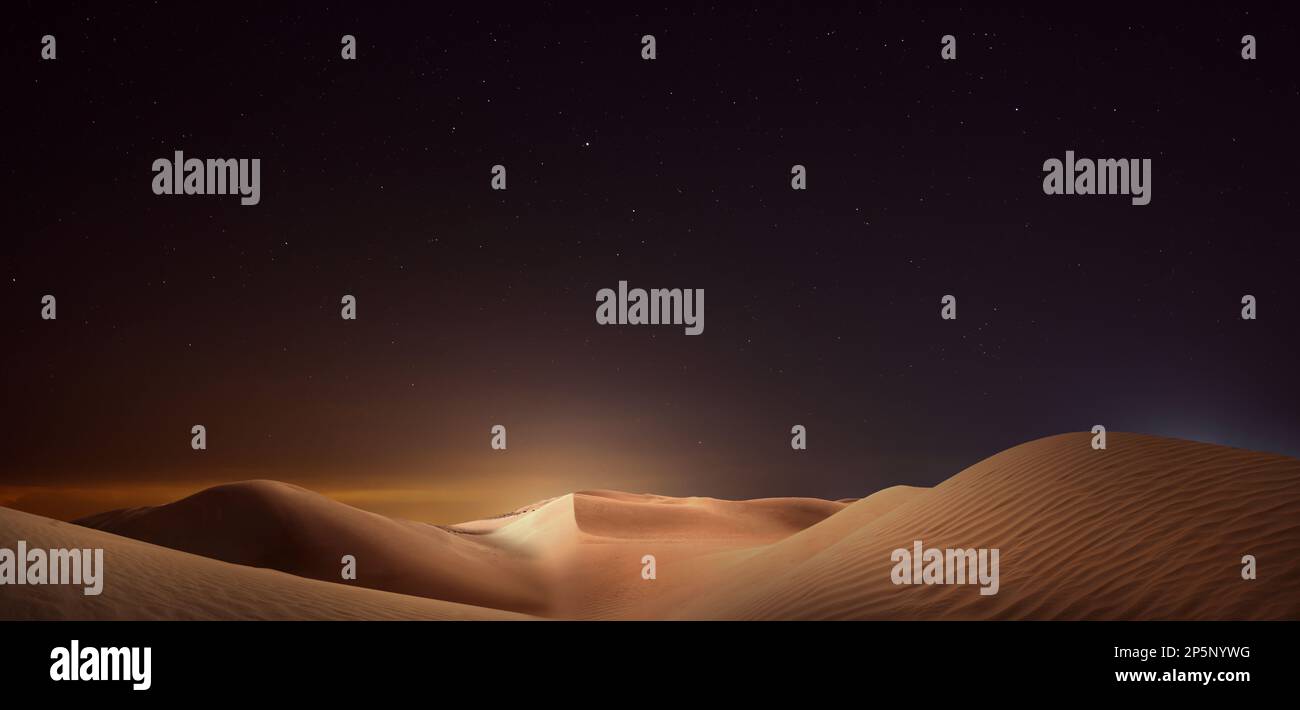 Scenic view of sandy desert under starry sky in night. Banner design ...