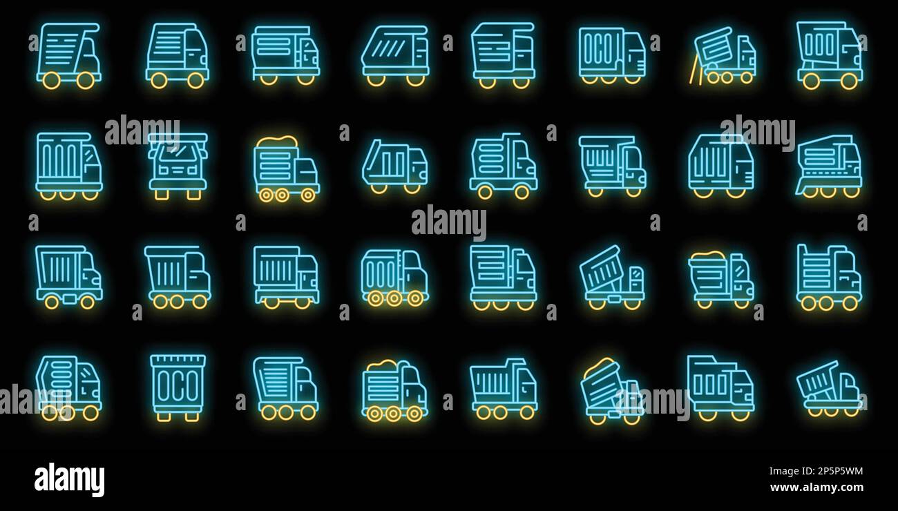 Car tipper icons set outline vector. Truck car. Tipper container neon ...