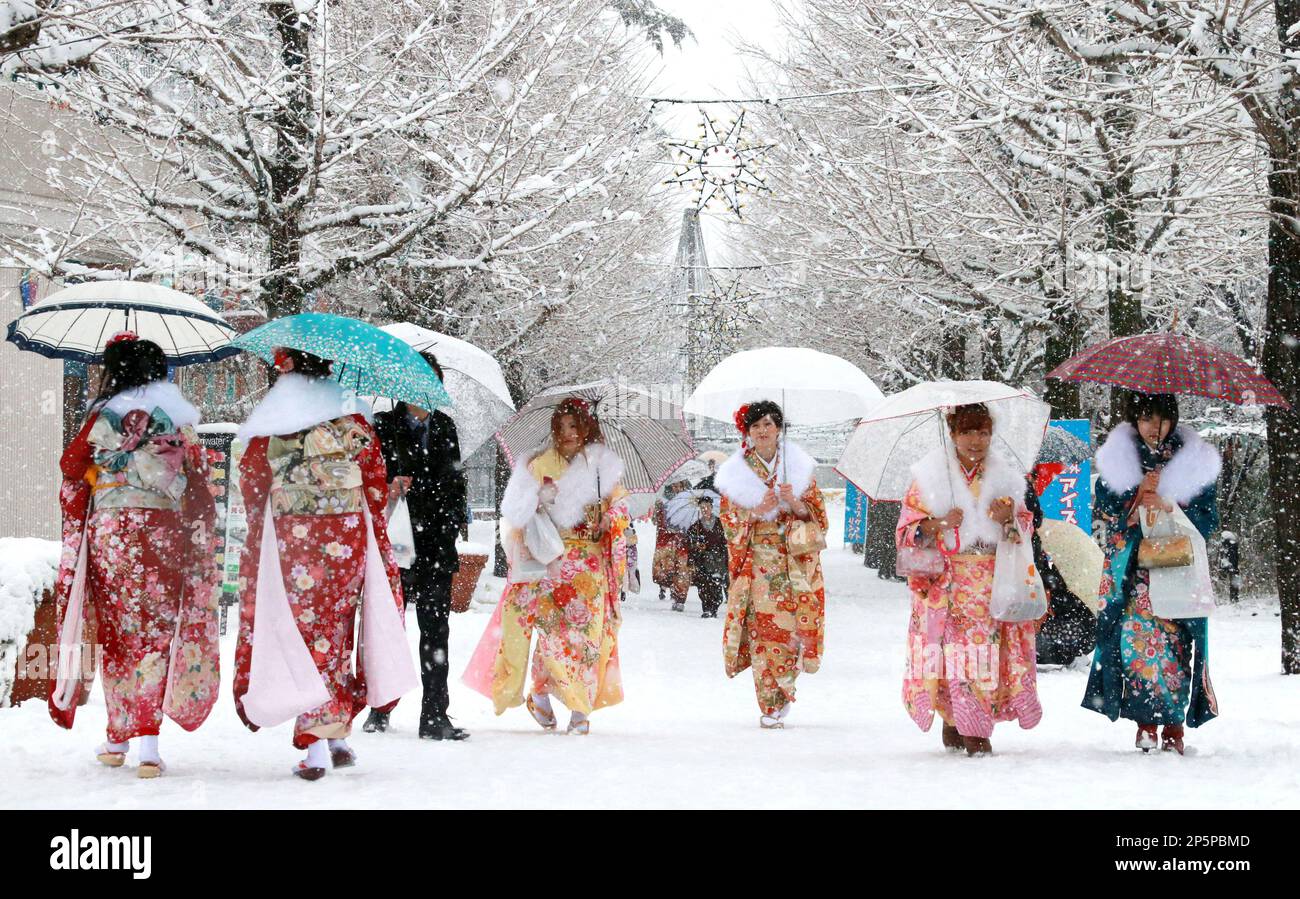Women in kimono trudge through the snow on their way to a a Coming-of ...