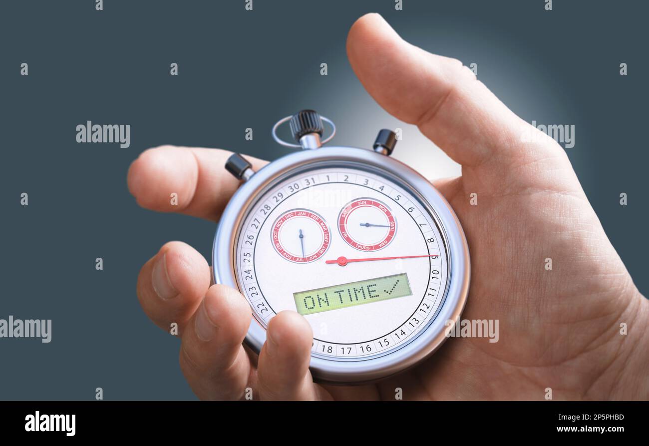 Hand holding a conceptual stopwatch with the text on time. Delivery ...