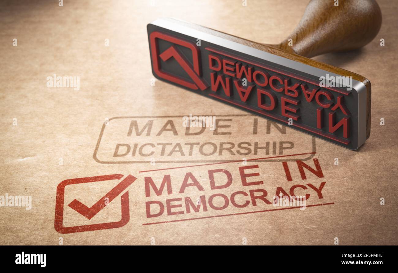 3d illustration of a rubber stamp with the text made in democracy or in ...