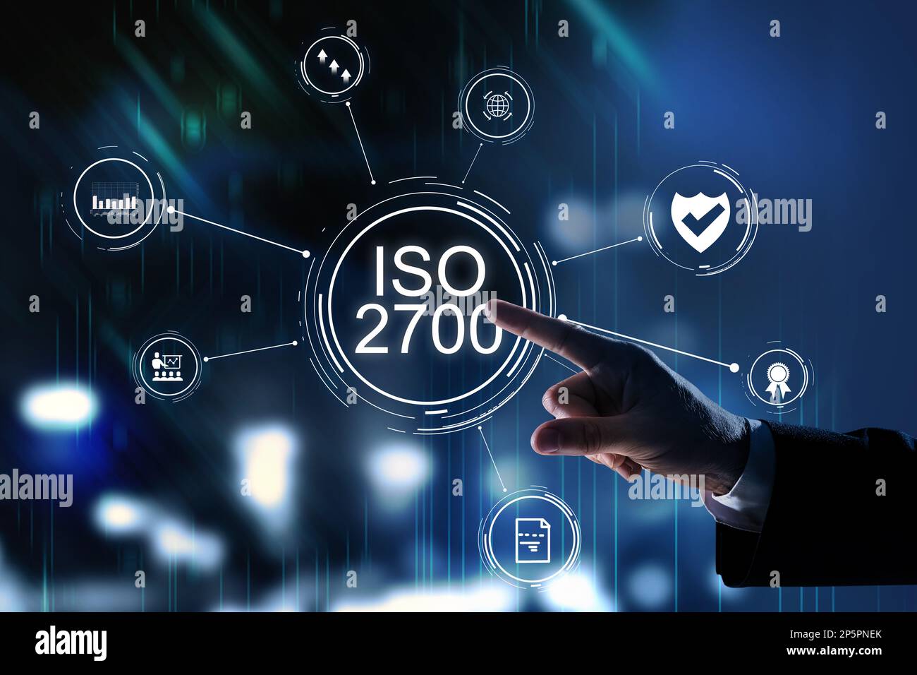 Man pointing at virtual screen with text ISO 2700 and different icons ...