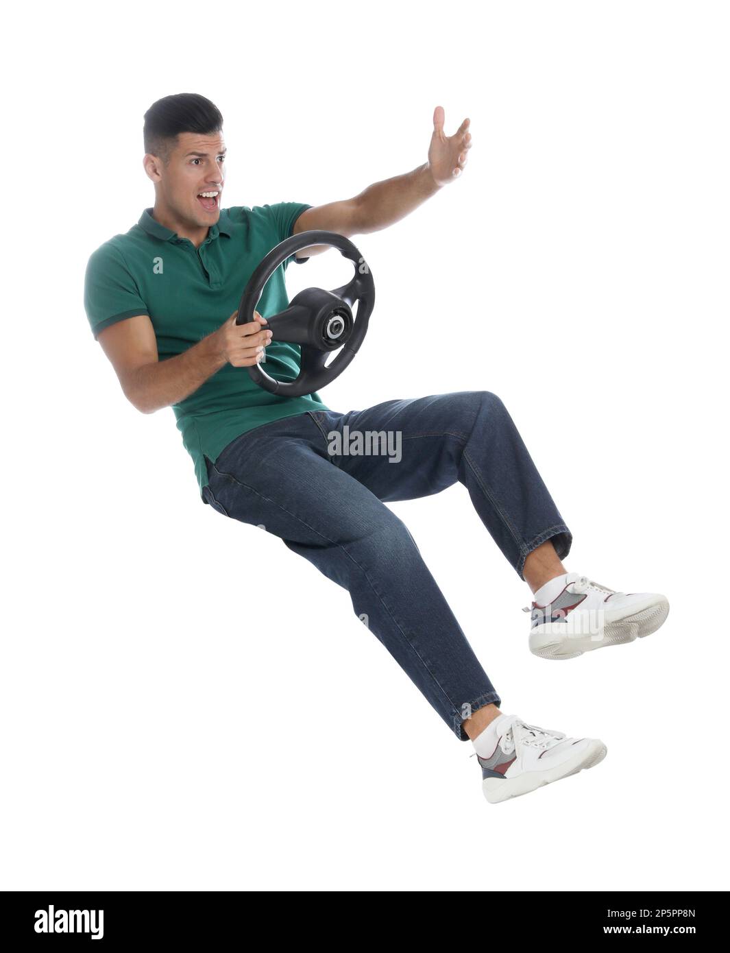 Angry man on stool with steering wheel against white background Stock ...