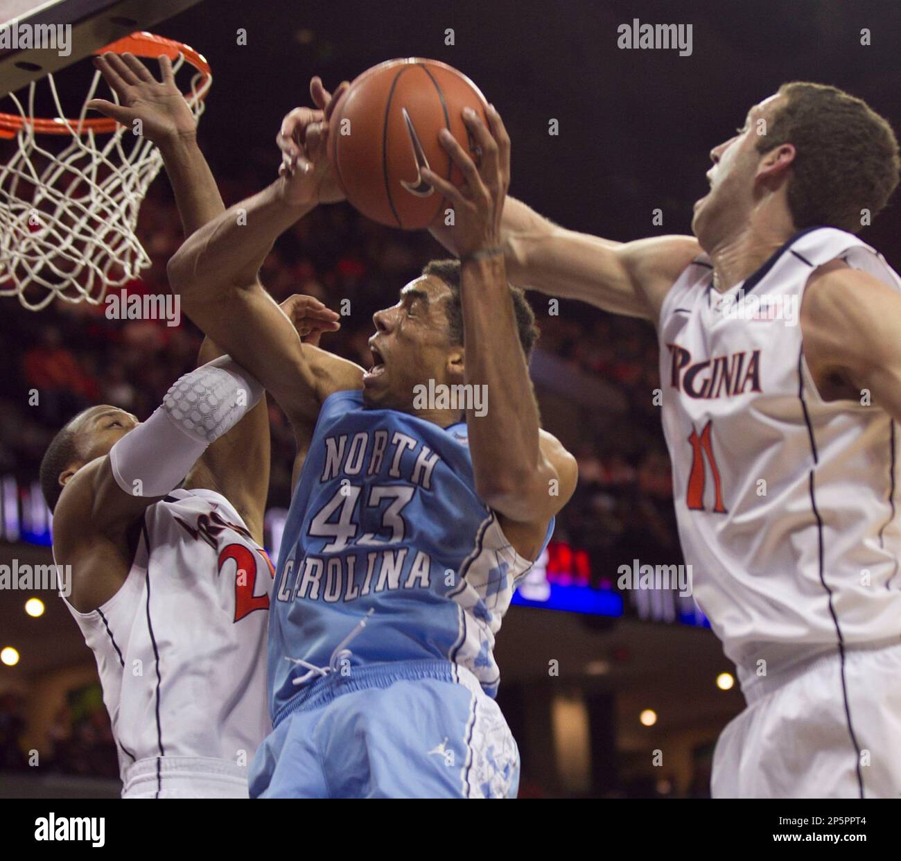 North Carolina's James Michael McAdoo (43) draws a foul from Virginia's ...
