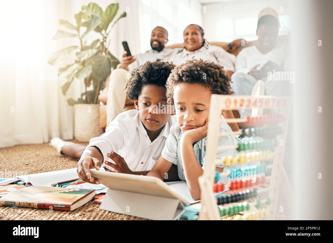 Movie, streaming and children with a tablet for education, internet and ...