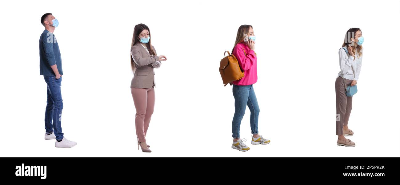 People with protective masks waiting in queue on white background ...