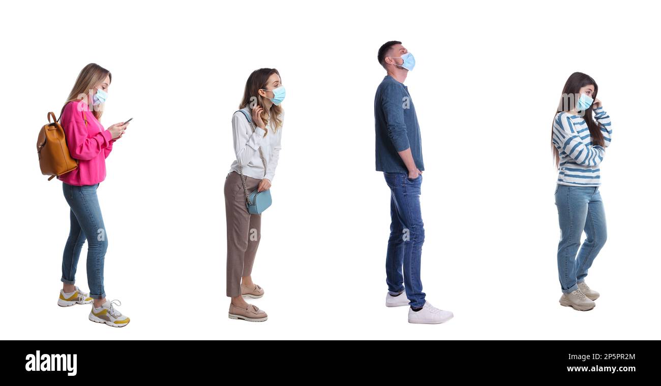 People with protective masks waiting in queue on white background ...