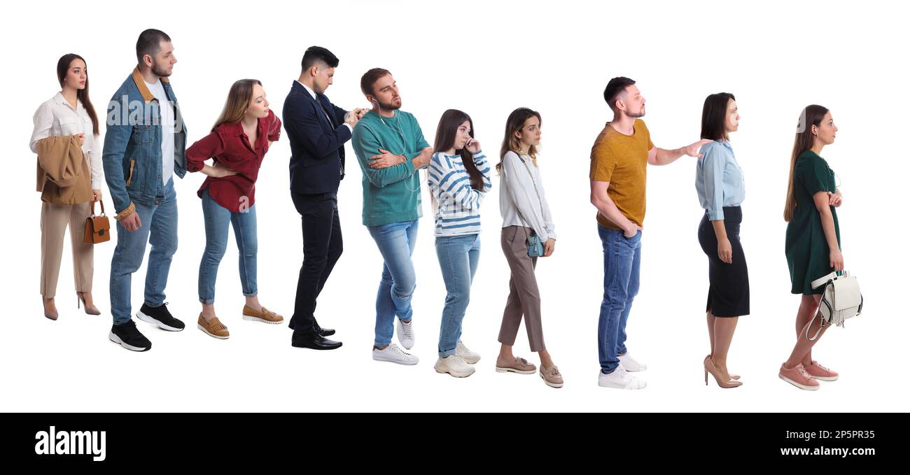 People waiting in queue on white background. Banner design Stock Photo ...