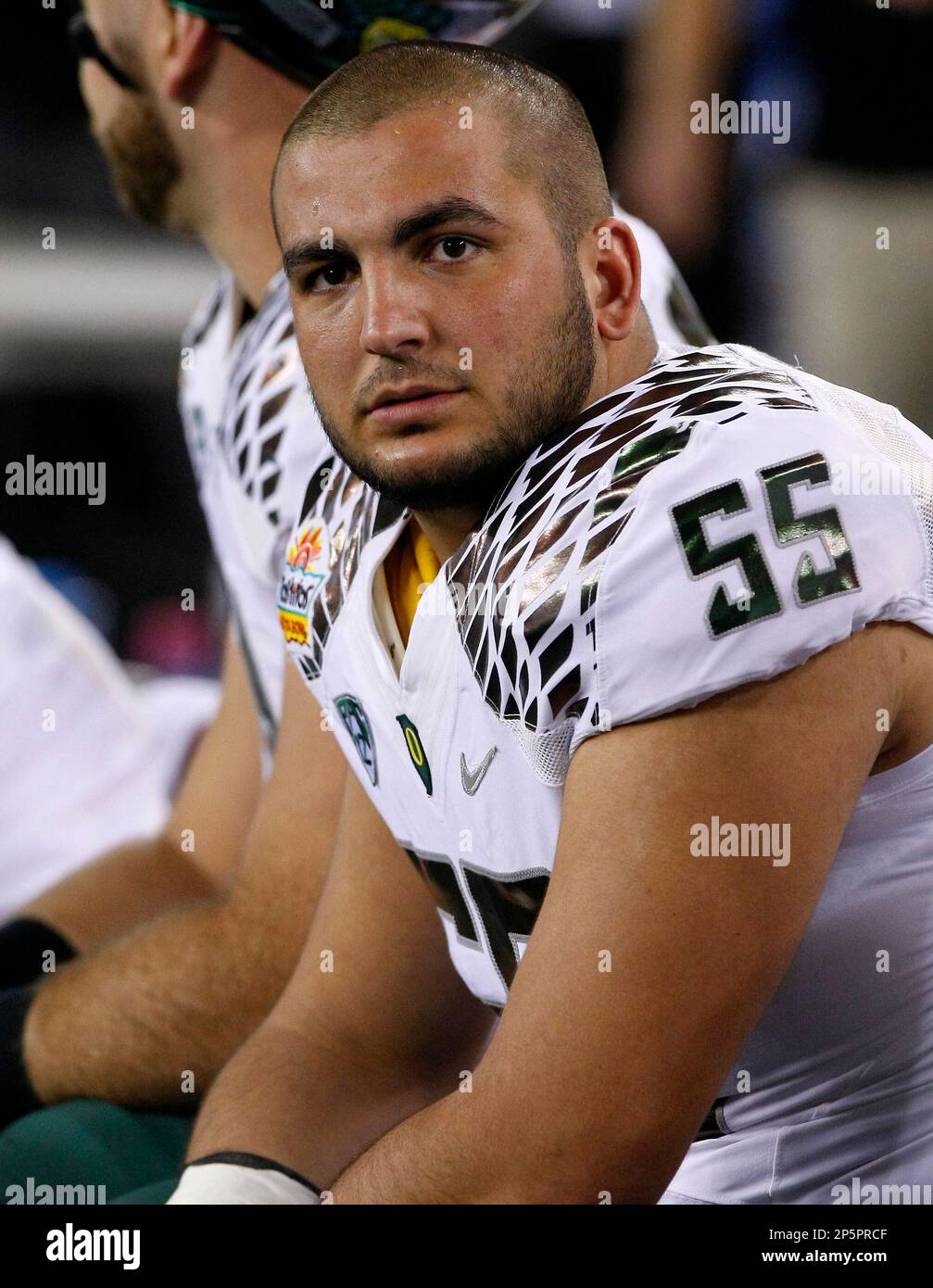 Oregon offensive linesman Hroniss Grasu (55) prior to the Fiesta Bowl ...