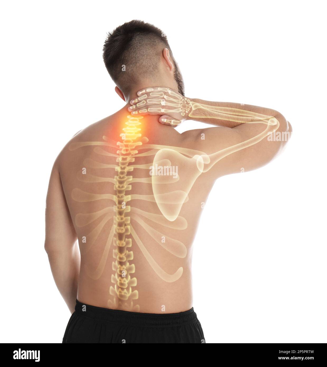 Man having backache digital compositing with illustration of spine hi ...