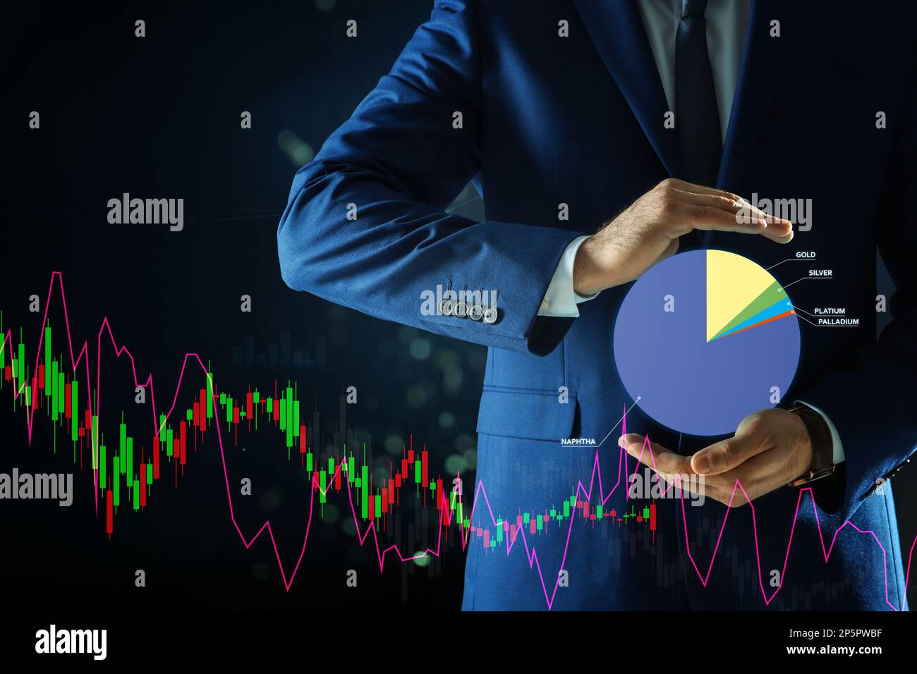 Stock exchange. Businessman showing virtual circle chart and electronic ...