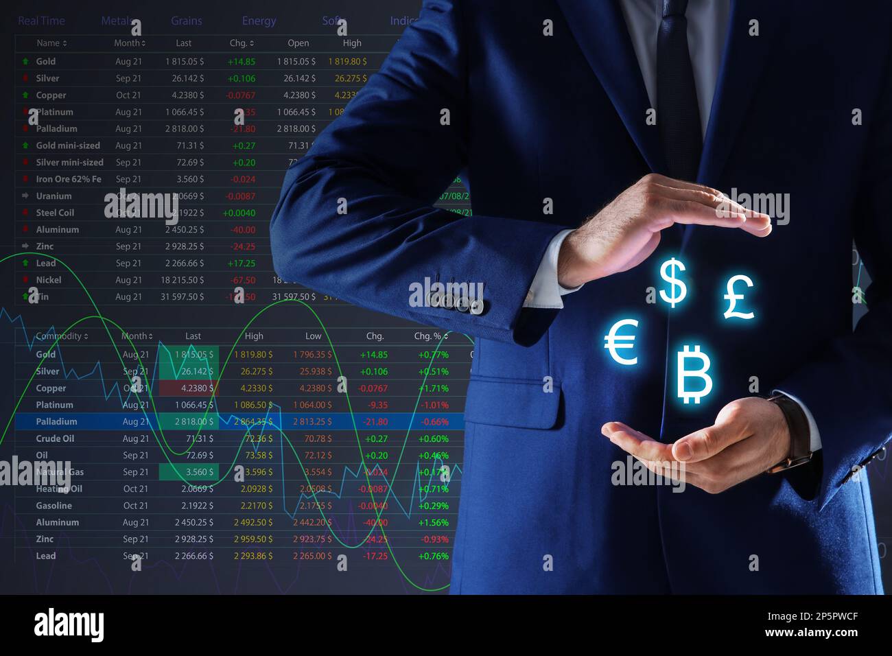 Stock exchange. Businessman showing virtual currency symbols and ...