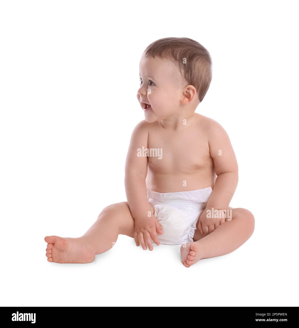 Cute baby in dry soft diaper sitting isolated on white Stock Photo - Alamy