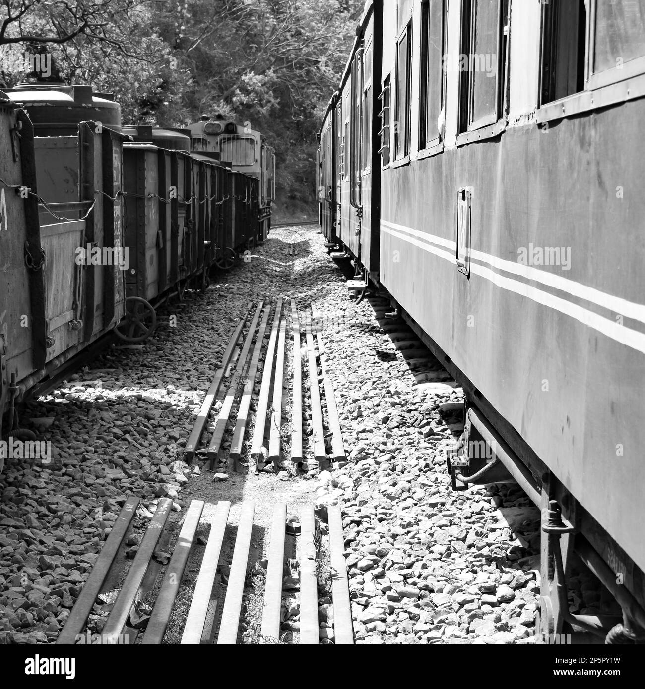 Toy Train moving on mountain slopes, beautiful view, one side mountain ...