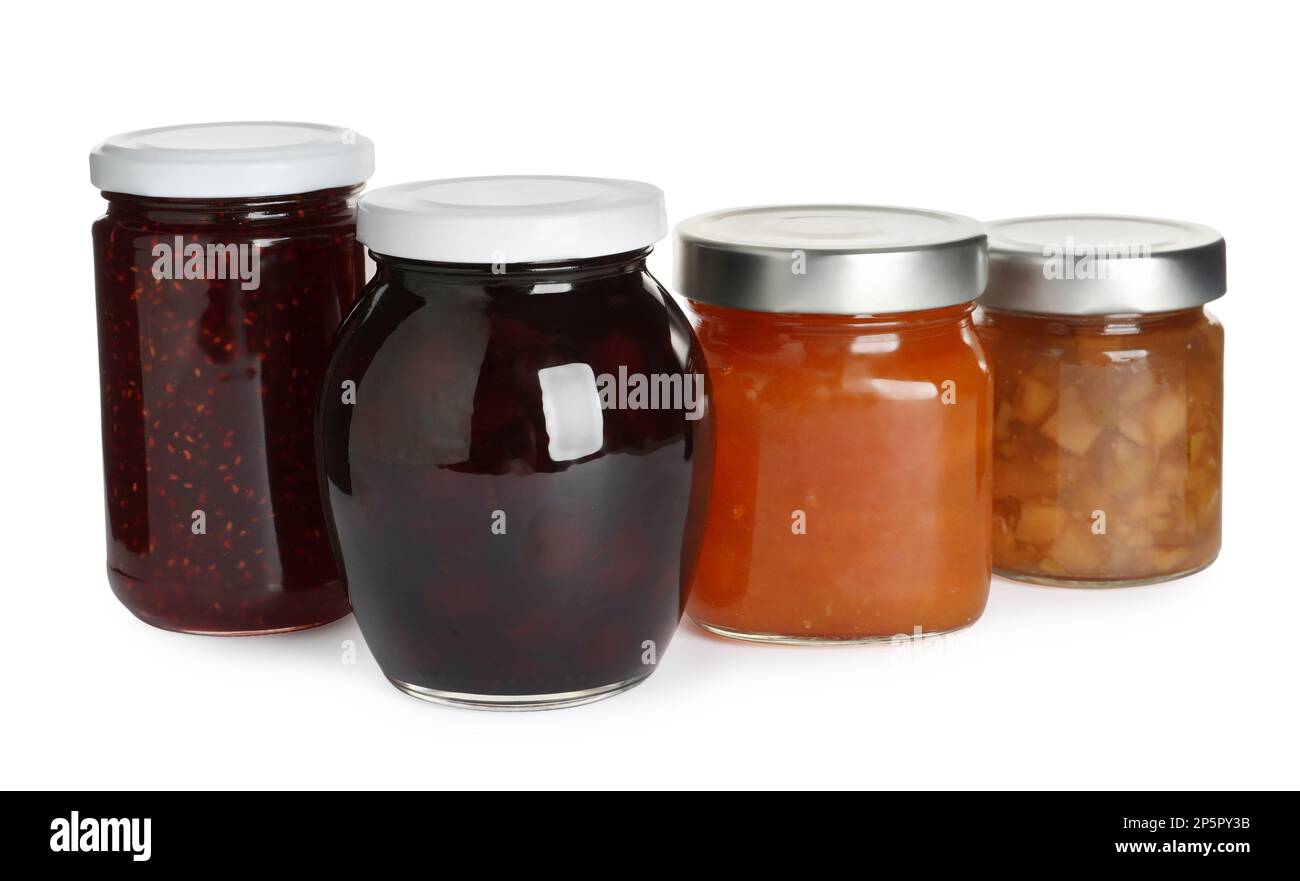 Jars with different jams on white background Stock Photo - Alamy