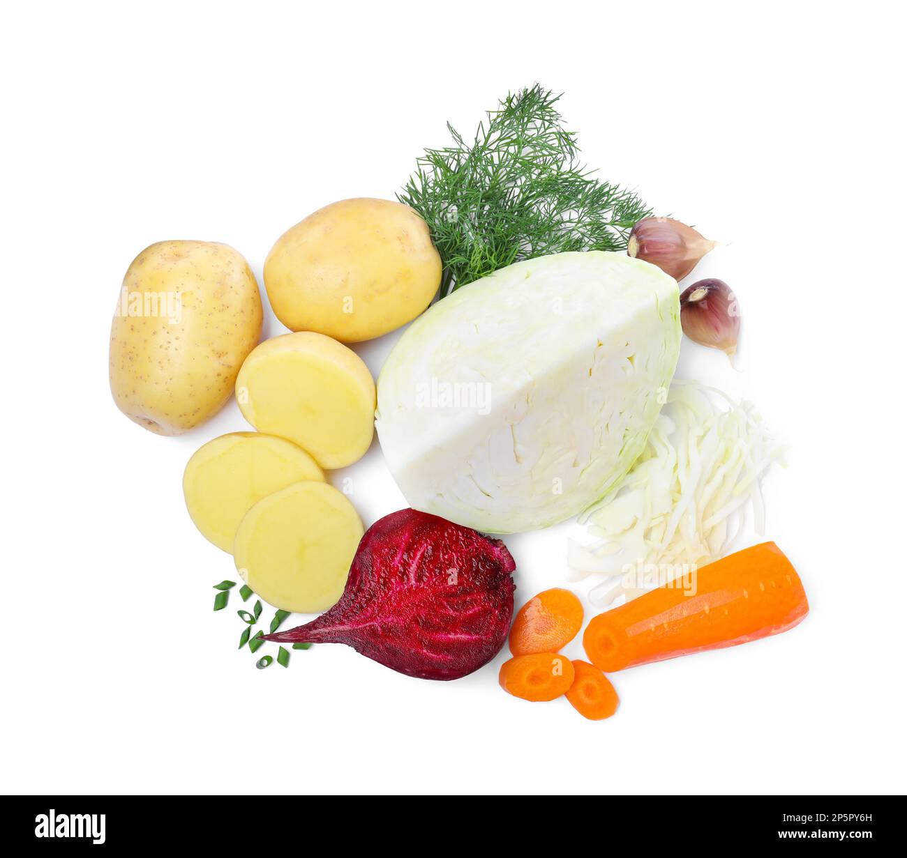 Ingredients for traditional borscht on white background, top view Stock ...