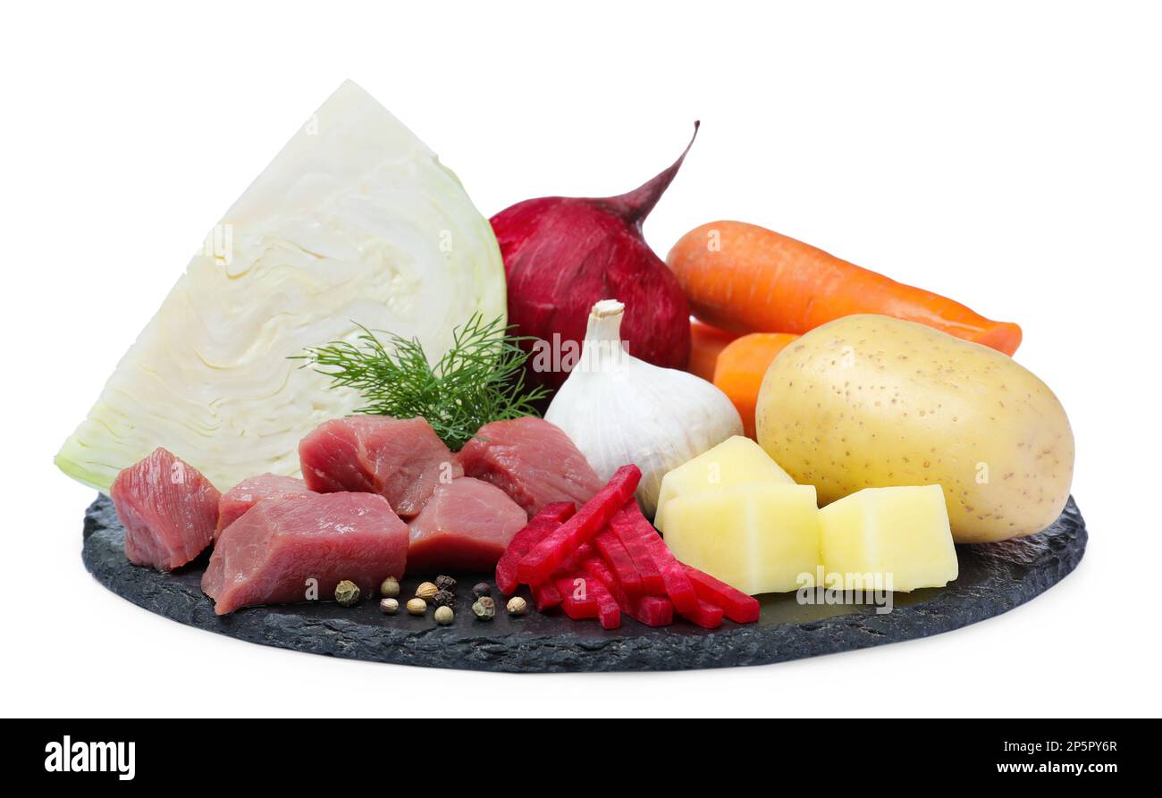 Ingredients for traditional borscht on white background Stock Photo - Alamy