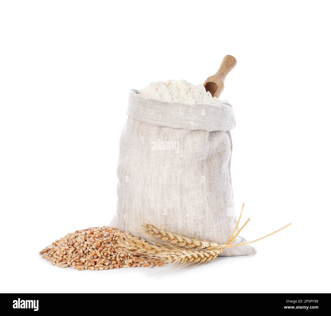 Sack with flour, wheat grains and spikes on white background Stock ...