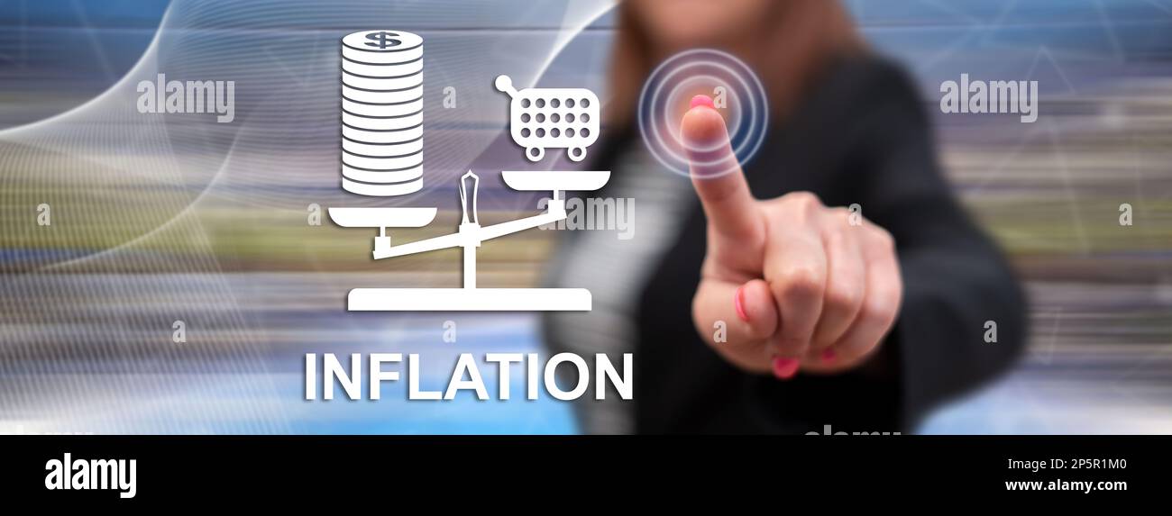 Woman touching an inflation concept on a touch screen with her finger ...