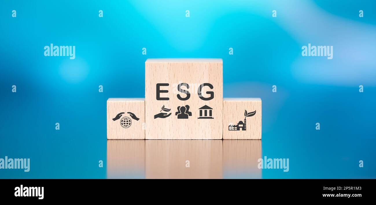 Wooden blocks with symbol of esg concept on blue background Stock Photo ...