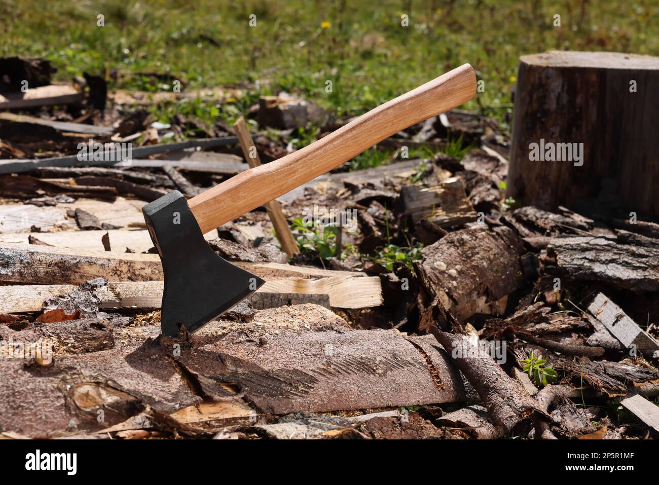 Axe and cut firewood outdoors. Professional tool Stock Photo - Alamy
