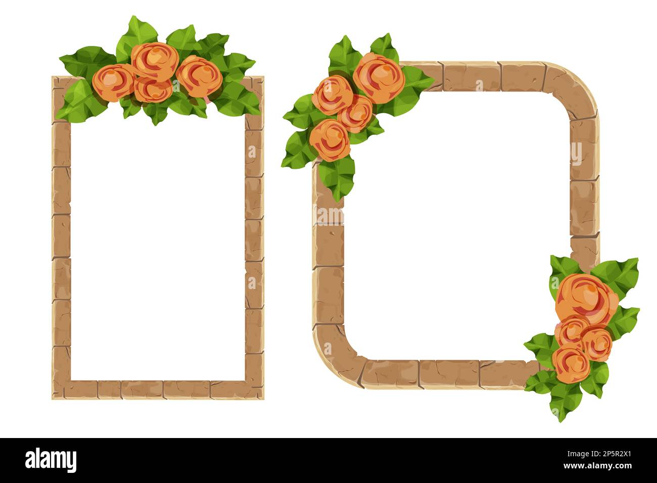 Set Stone Frame with floral elegant decoration, flowers and leaves in ...
